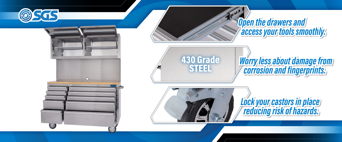 SGS 55in 10 Drawer Stainless Steel Work Bench with Upper Cabinets