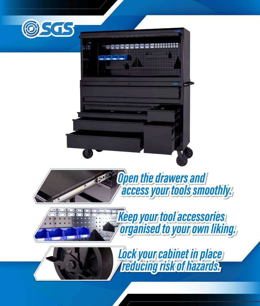 SGS 56in Roller Cabinet with Top Hutch | 8 Drawers | Black