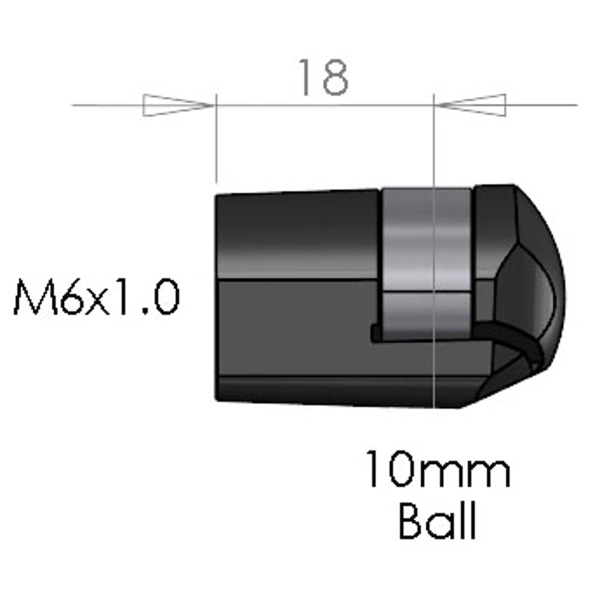 B1 - Plastic 10mm Ball Socket 18mm long with a M6 thread