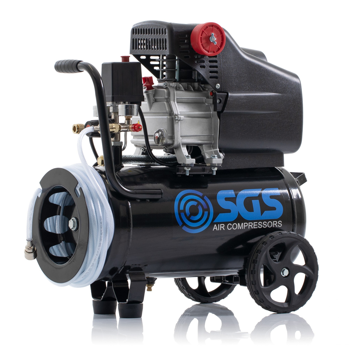 SGS 24 Litre Direct Drive Air Compressor With Integrated Hose Reel & 5 ...