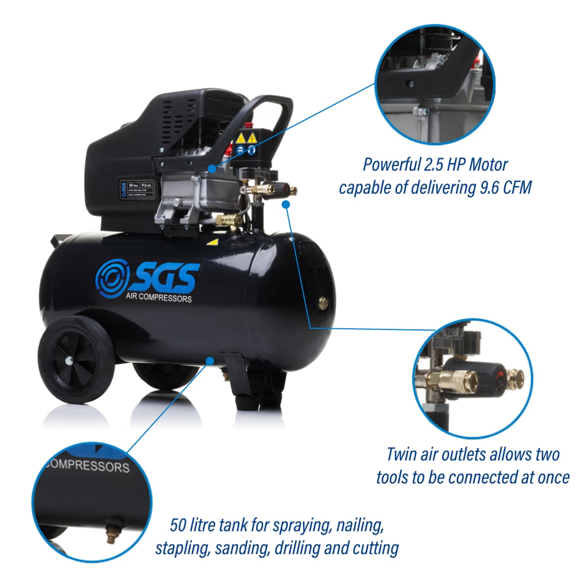 SGS 50 Litre Direct Drive Air Compressor - 9.6CFM, 2.5HP, 50L