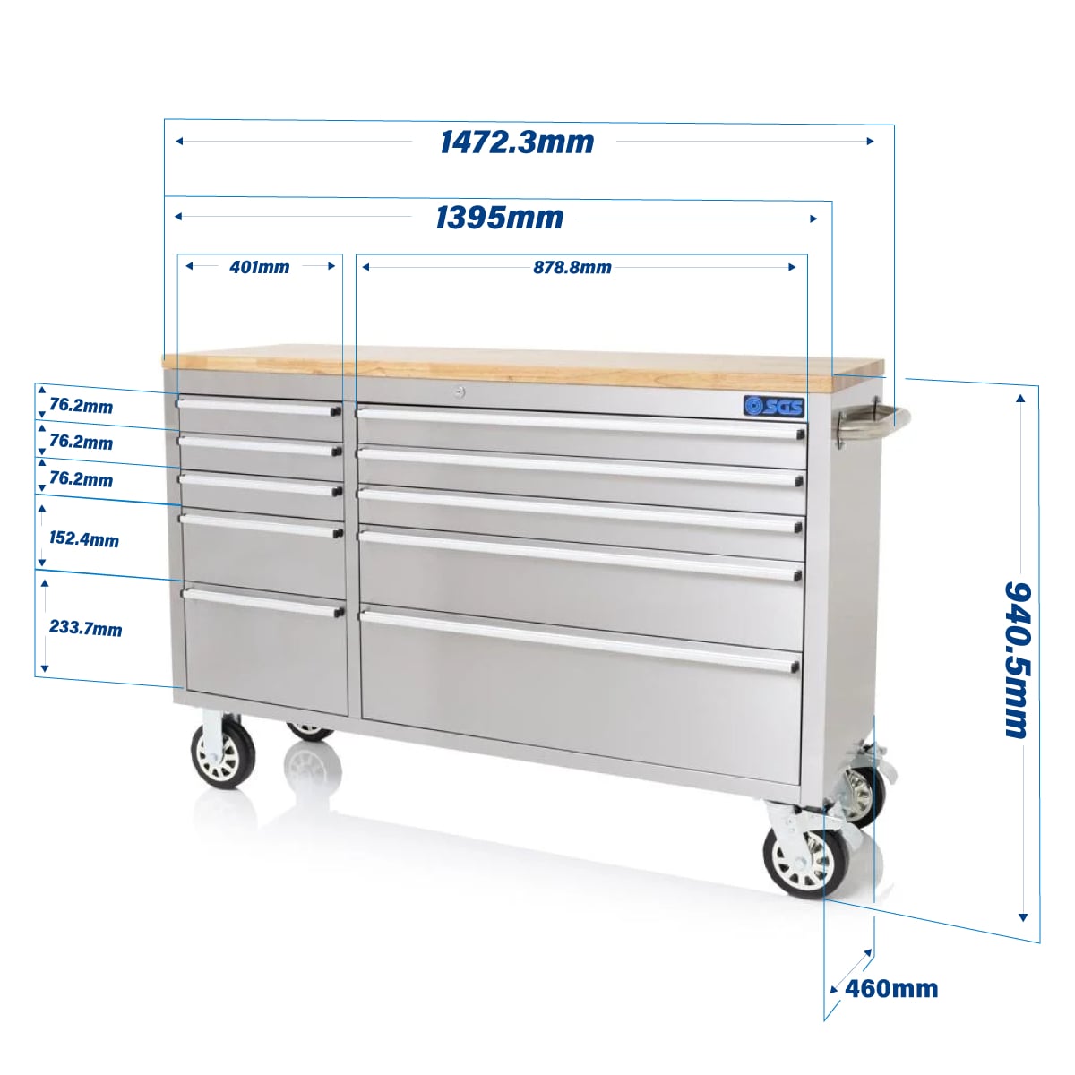 SGS 55in Stainless Steel 10 Drawer Mobile Tool Cabinet & Work Bench