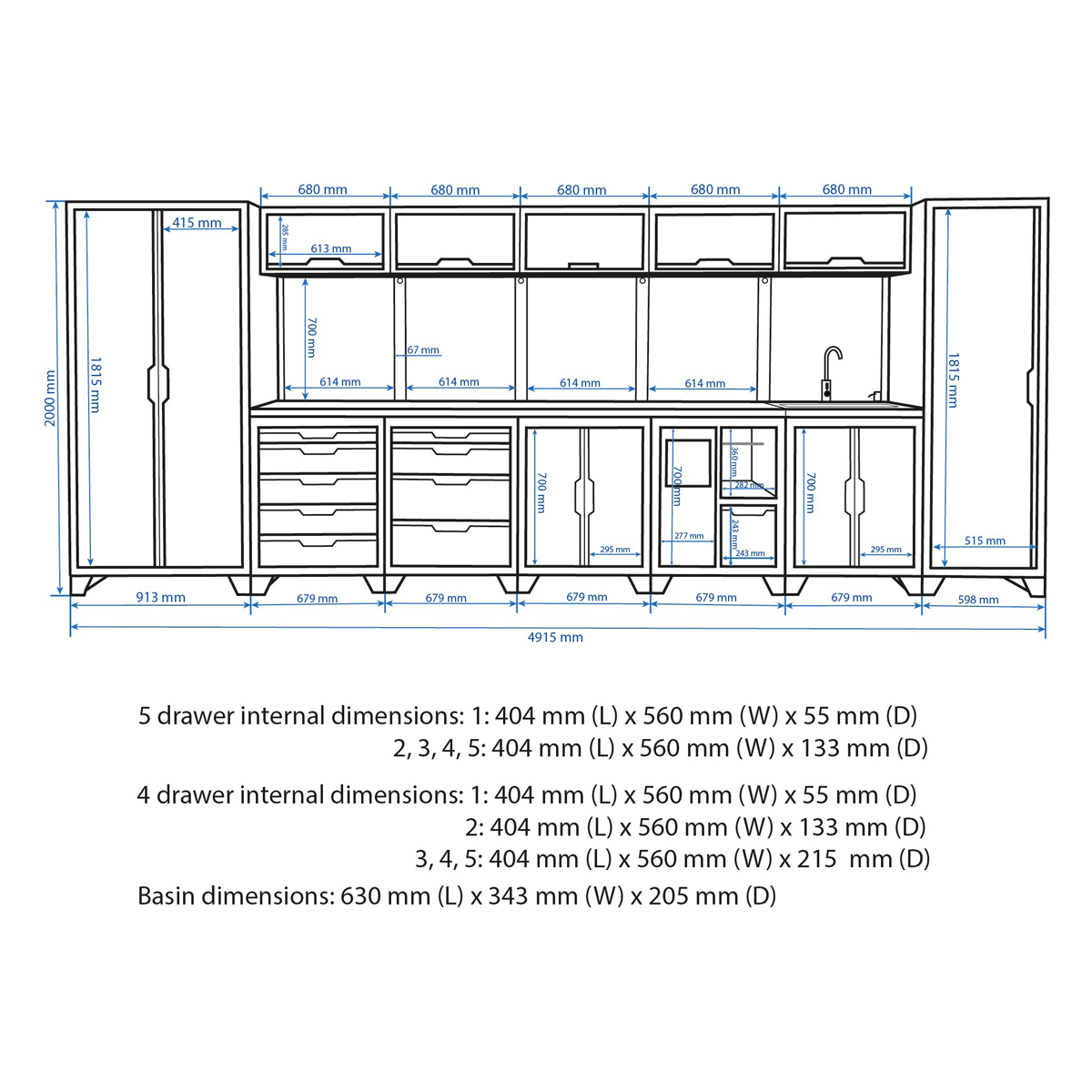 SGS 17pc Garage Storage System with Stainless Worktop and Sink Unit