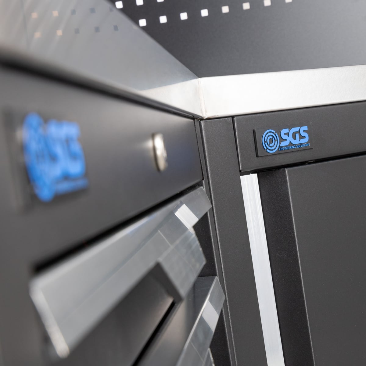 SGS Garage Corner Storage Setup - Steel Worktop, Two Drawers & Cabinet