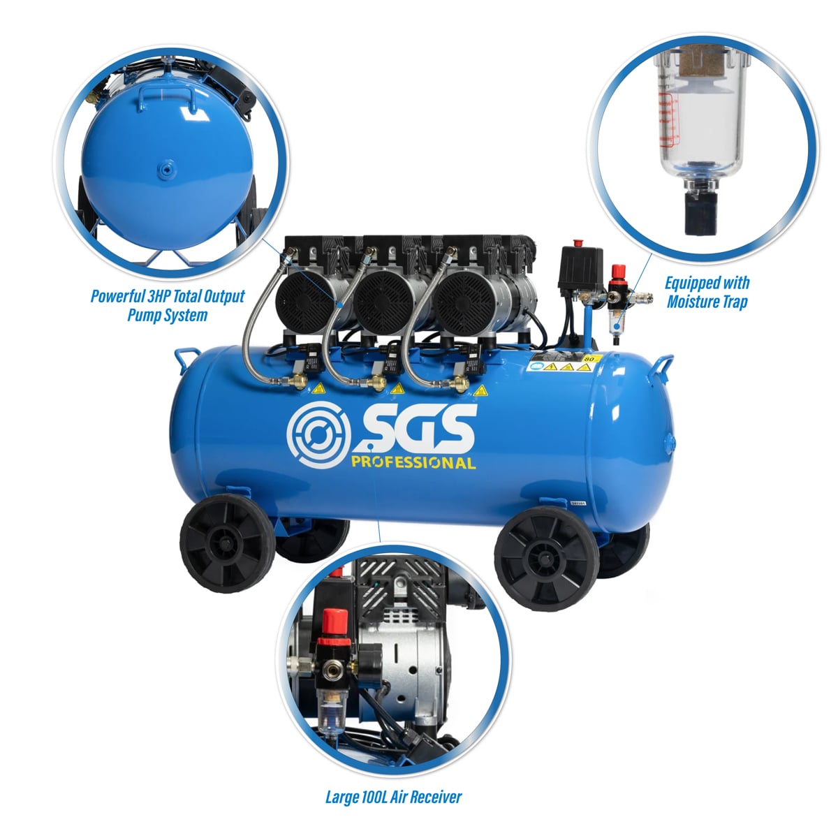 SGS Pro Super Silent 100L Air Compressor - 3HP, 13.6CFM