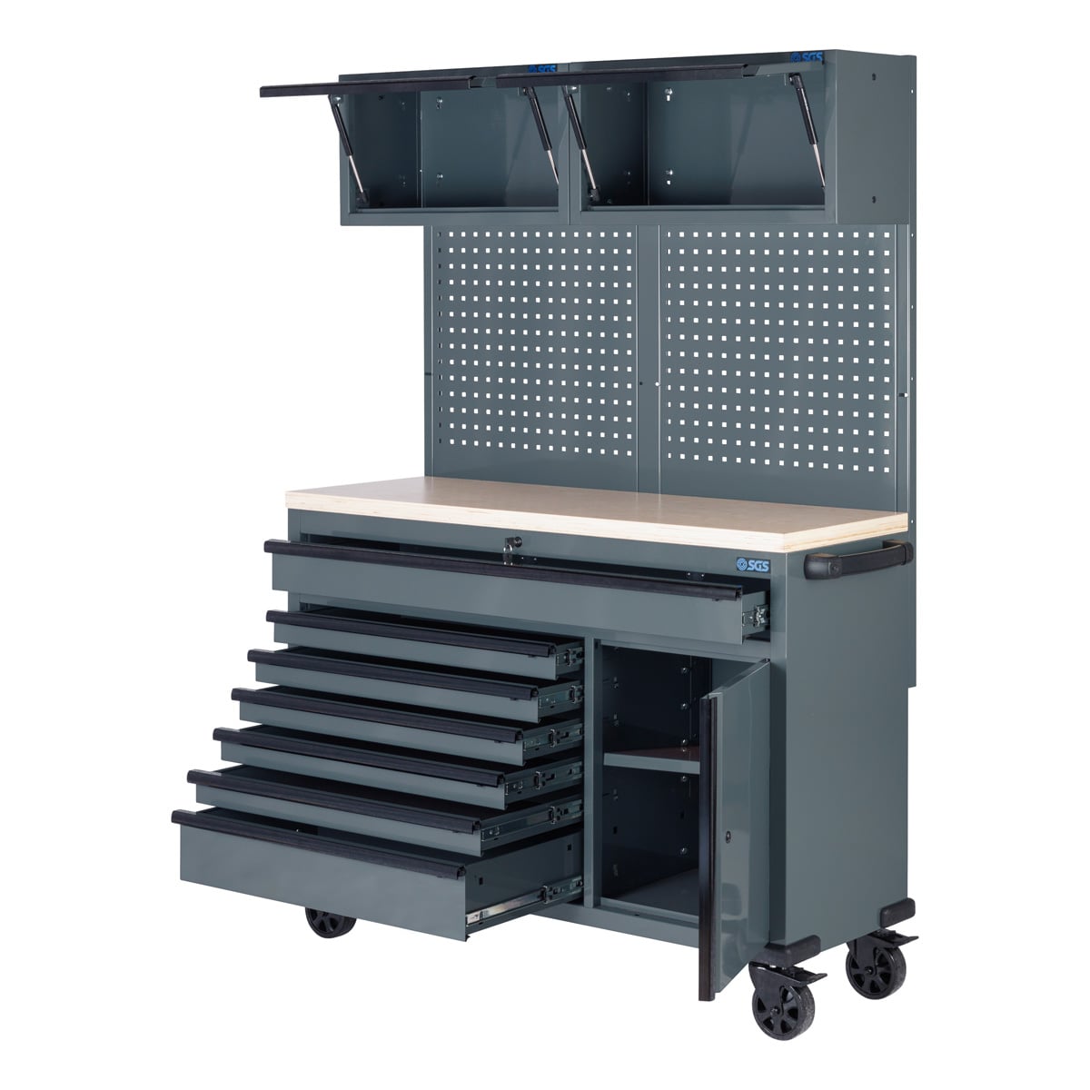 SGS 53in Garage Workstation with Top Cabinets | Pegboard & Accessories