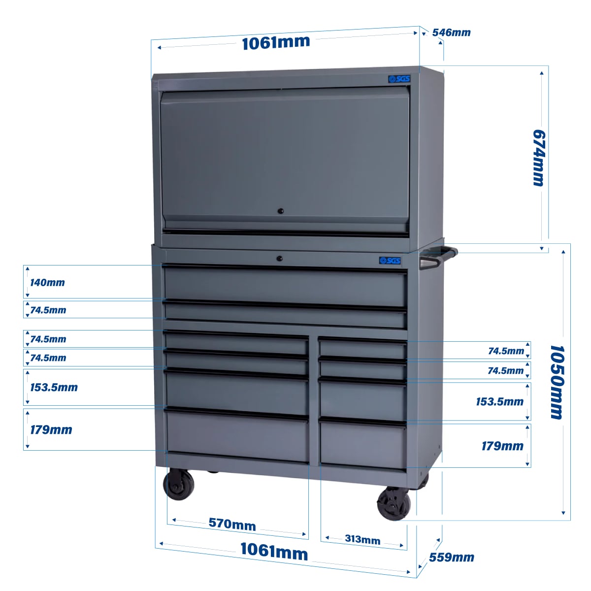 SGS 42in Roller Cabinet with Top Hutch | 10 Drawers | Slate Grey