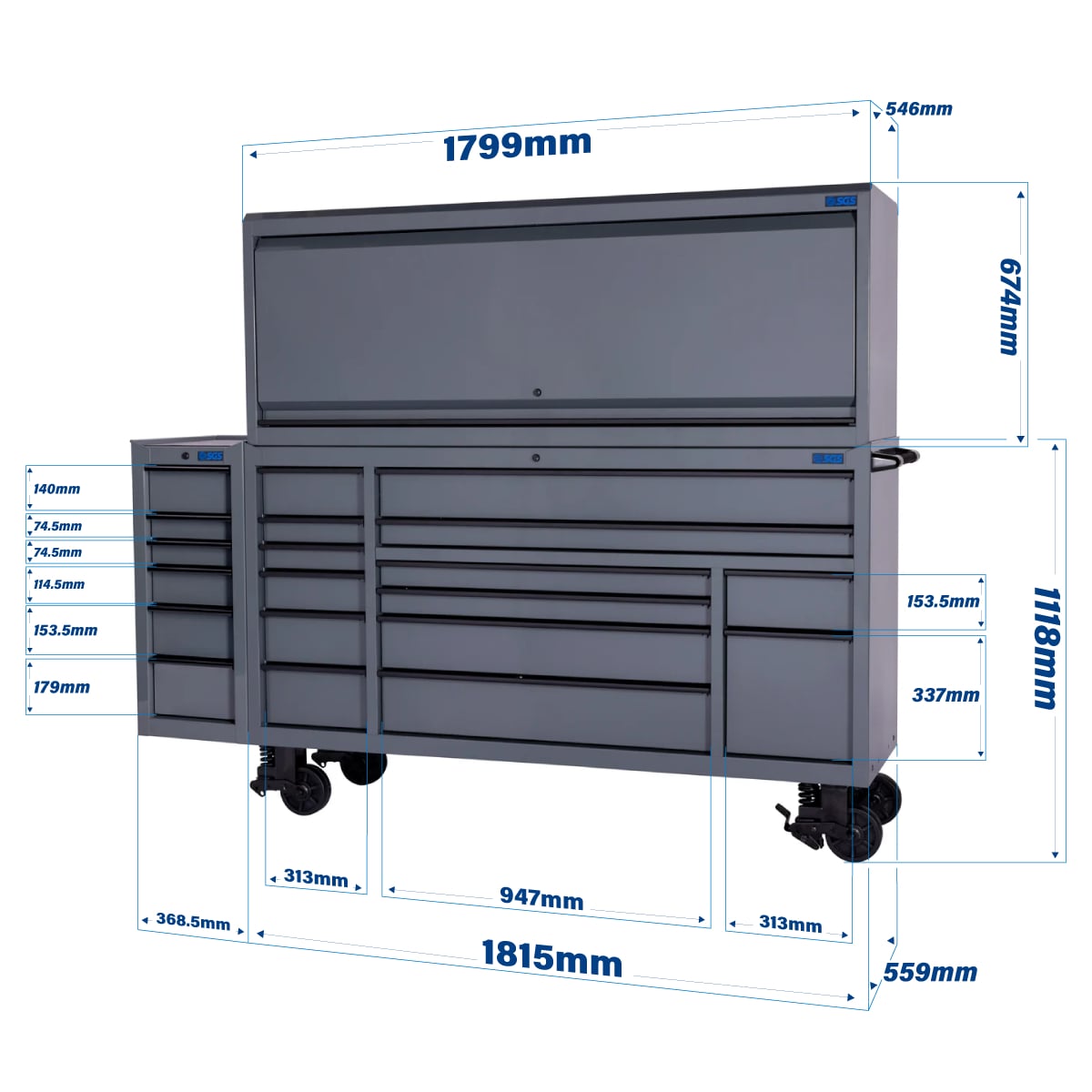 SGS 72in Roller Cabinet with Top Hutch and Side Cabinet | Slate Grey