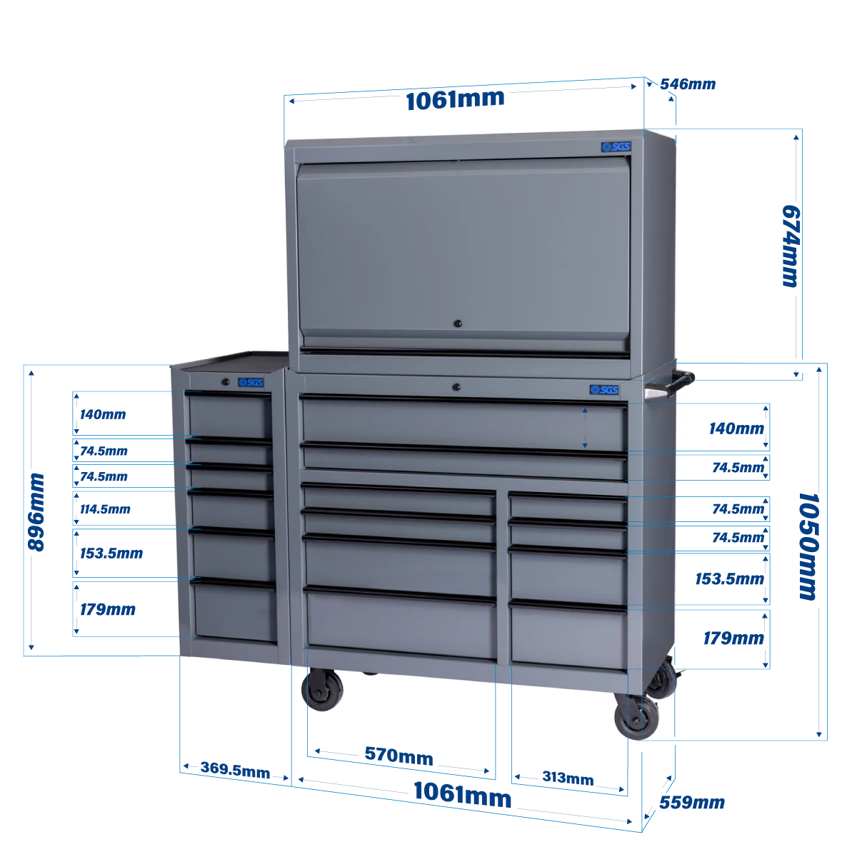 SGS 42in 16 Drawer Roller Cabinet with Top Hutch and Side Cabinet
